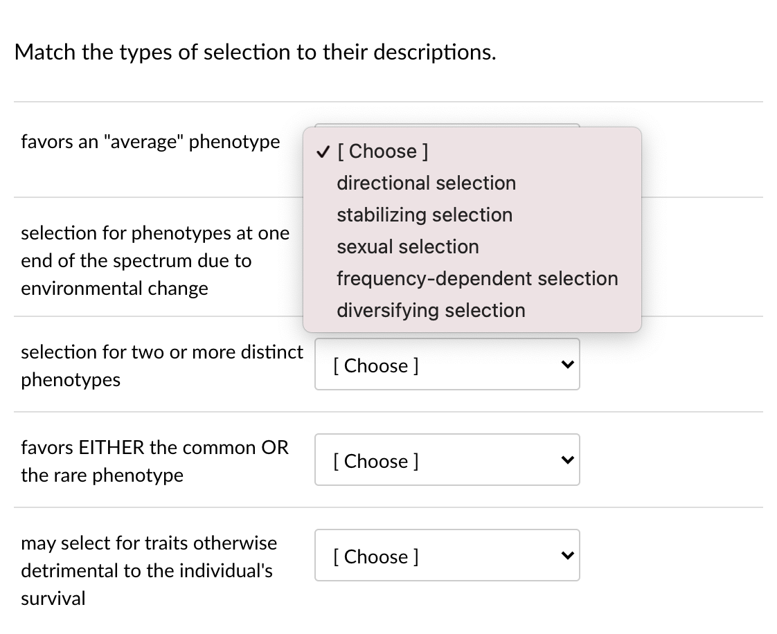 Solved Match the types of selection to their descriptions. | Chegg.com