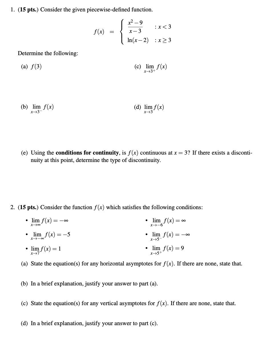 Solved 1. (15 pts.) Consider the given piecewise-defined | Chegg.com