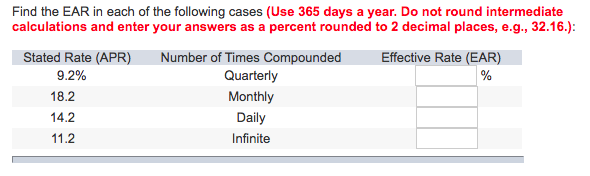 Solved Find the EAR in each of the following cases (Use 365 | Chegg.com