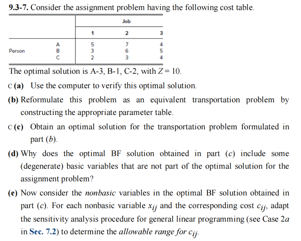 Solved 9.3-7. Consider the assignment problem having the | Chegg.com