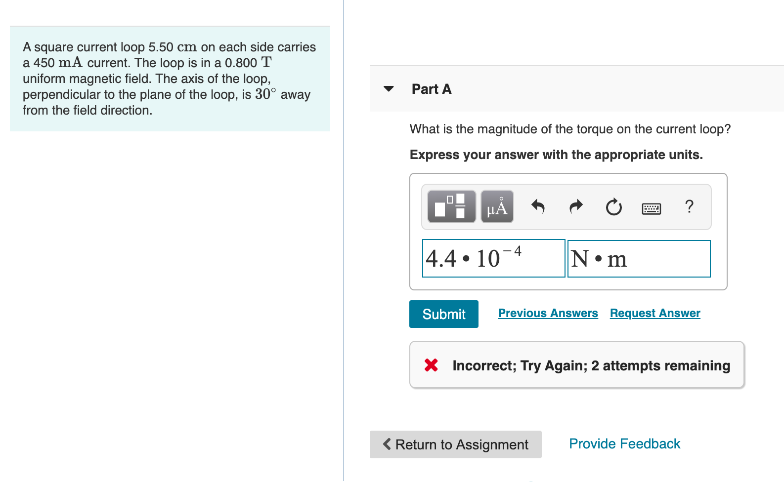Solved A square current loop 5.50 cm on each side carries a | Chegg.com