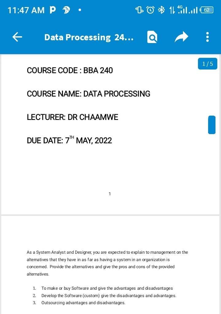 Solved 11:47 AM P [62] ا. ا 11 * © ] Data Processing 24... : | Chegg.com