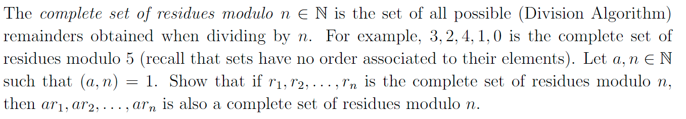 Solved The complete set of residues modulo n E N is the set | Chegg.com