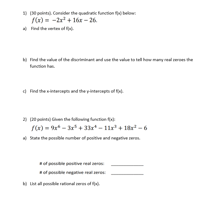 Solved 1) (30 points). Consider the quadratic function f(x) | Chegg.com