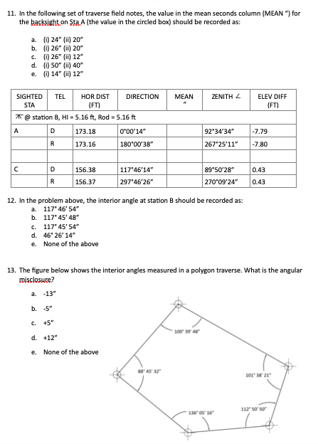 Solved 11. In the following set of traverse field notes, the | Chegg.com