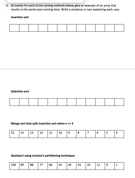 Solved 6. (8 marks) For each of the sorting methods below, | Chegg.com