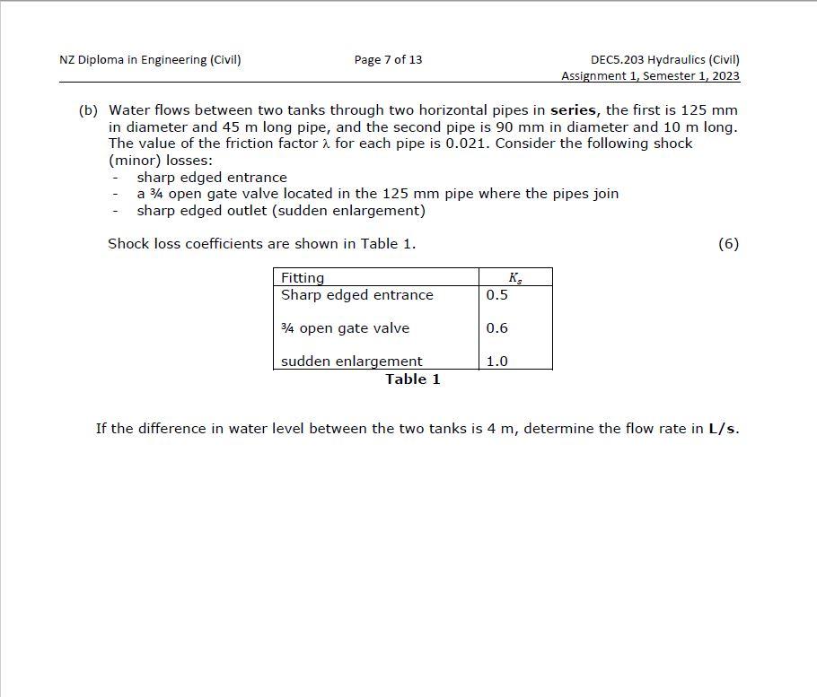 Solved (b) Water flows between two tanks through two | Chegg.com