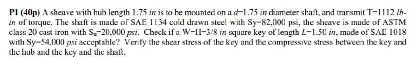 Solved P1 (40p) A sheave with hub length 1.75 in is to be | Chegg.com