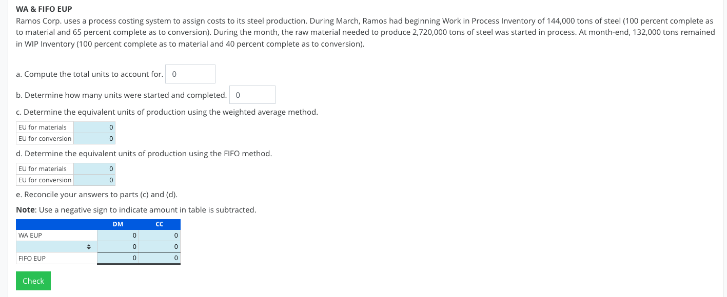 Solved WA \& FIFO EUP Ramos Corp. uses a process costing | Chegg.com