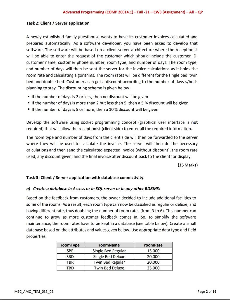 Solved Advanced Programming (COMP 20014.1) - Fall-21 - CW3 | Chegg.com