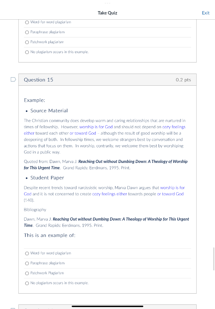 Take Quiz Word-for-word plagiarism Paraphrase | Chegg.com