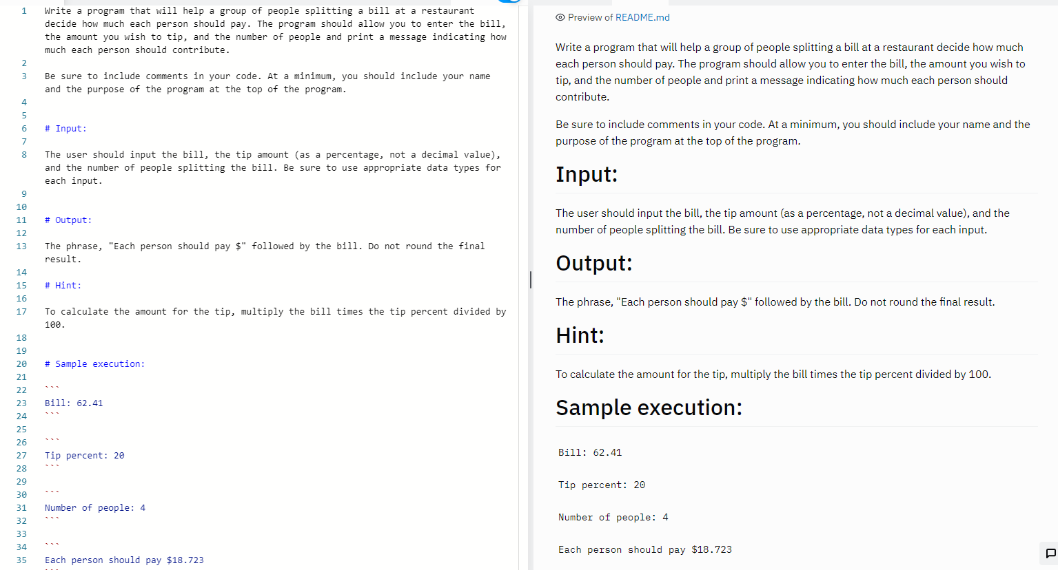 Solved 1 O Preview of README.md Write a program that will | Chegg.com