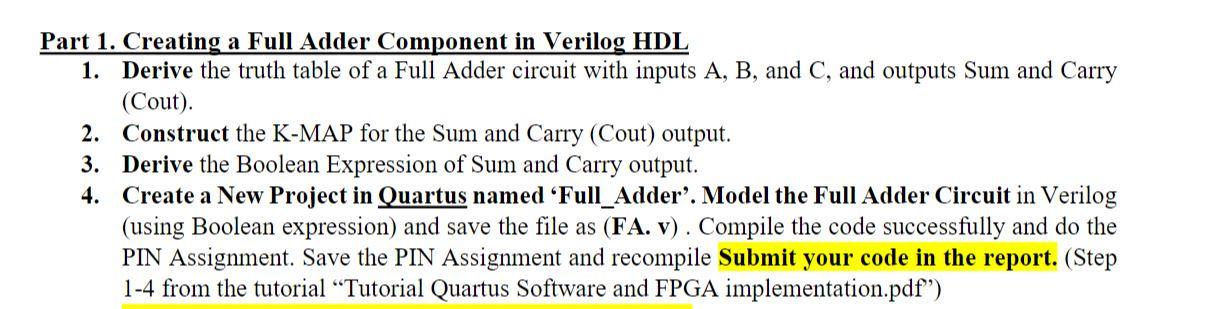 Solved Part 1. Creating a Full Adder Component in Verilog | Chegg.com