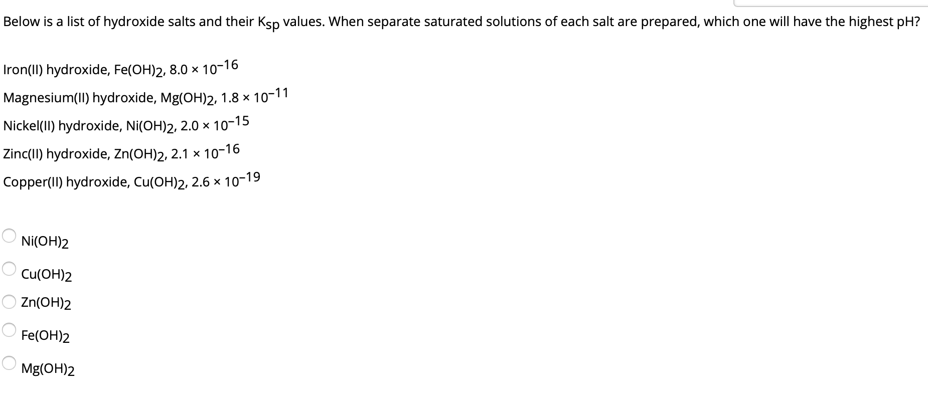 Solved Below is a list of hydroxide salts and their Ksp | Chegg.com