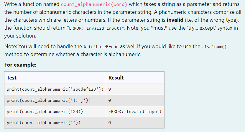 Solved Write a function named count_alphanumeric(word) which | Chegg.com