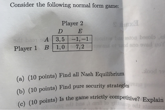 Solved Consider the following normal form game: Player 2 D E | Chegg.com