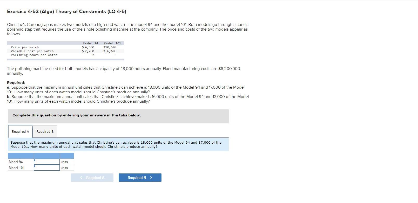 Solved Exercise 4-52 (Algo) Theory of Constraints (LO 4-5) | Chegg.com