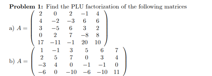 Solved Problem 1: Find the PLU factorization of the | Chegg.com