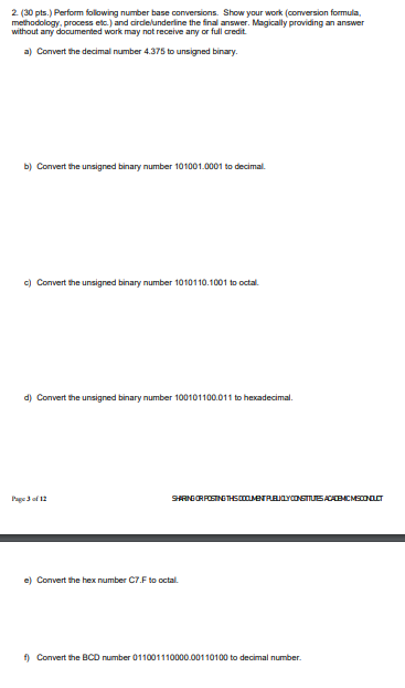 Solved 2. (30 pts.) Perform following number base | Chegg.com