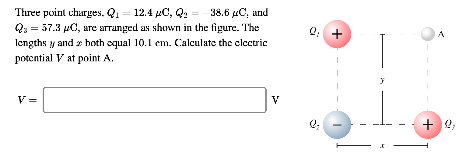 Solved Three point charges, Q1 = 12.4 uC, Q2 = -38.6 uC, and | Chegg.com