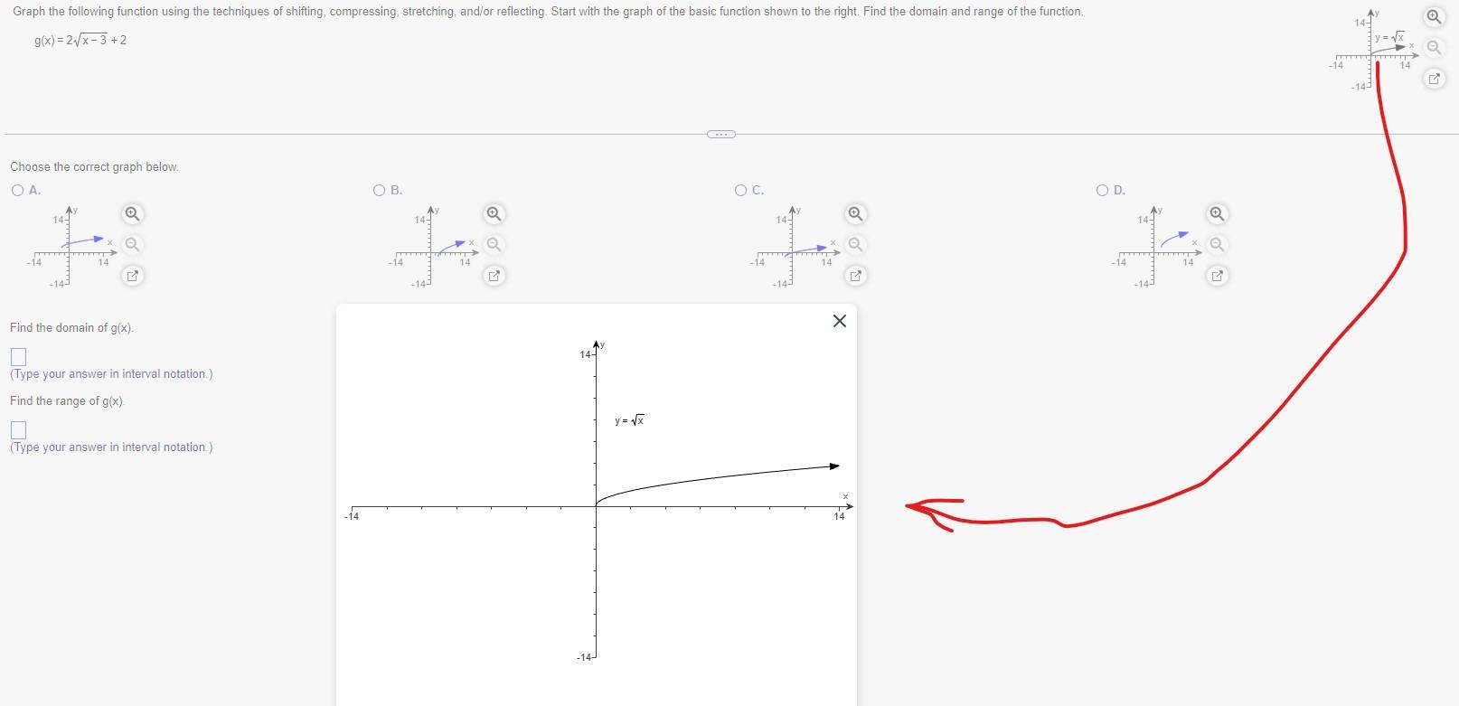 Solved g(x)=2x−3+2 Choose the correct graph below. | Chegg.com