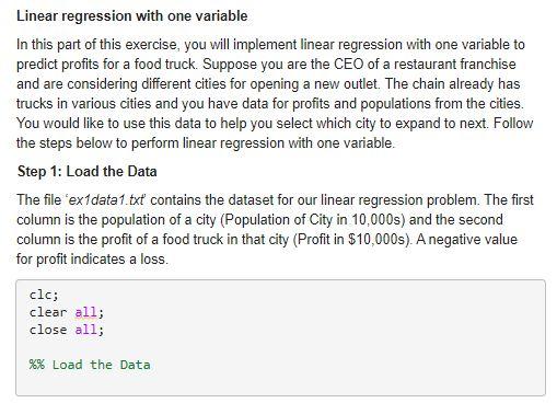 Solved Linear regression with one variable In this part of | Chegg.com