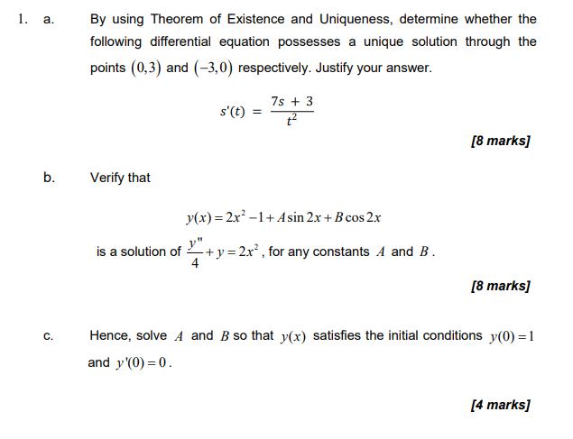 Solved 1. a. By using Theorem of Existence and Uniqueness, | Chegg.com