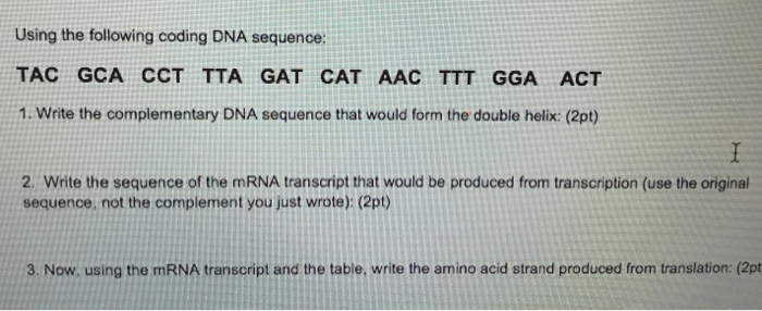 Solved Using the following coding DNA sequence: TAC GCA CCT | Chegg.com
