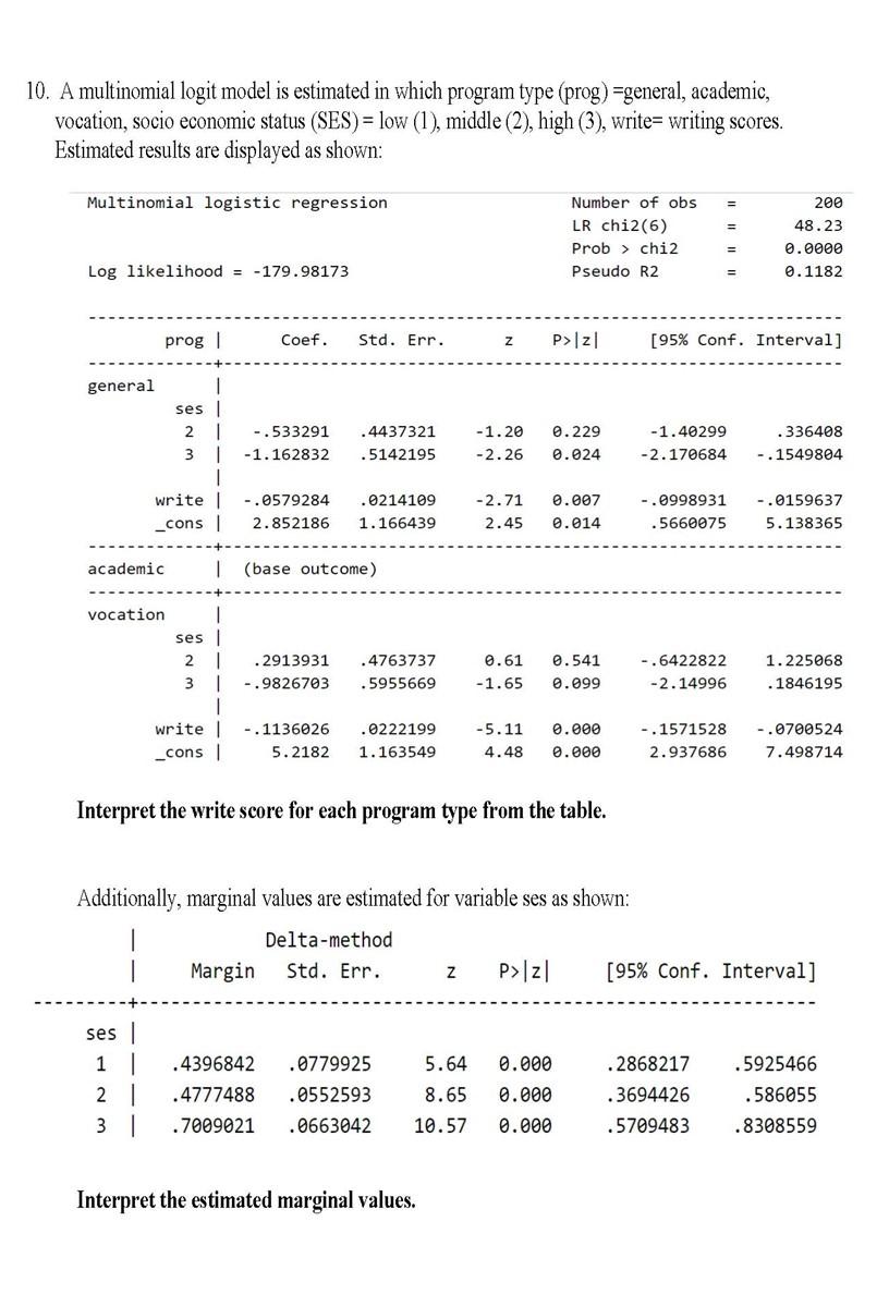 Solved 10. A multinomial logit model is estimated in which | Chegg.com