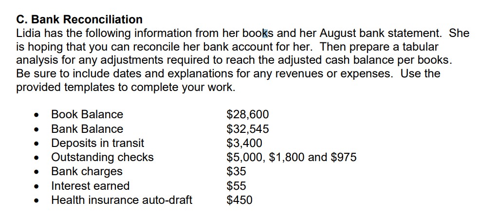 Solved C. Bank Reconciliation Lidia has the following | Chegg.com