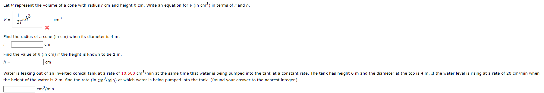 Solved Let V represent the volume of a cone with radius r cm | Chegg.com