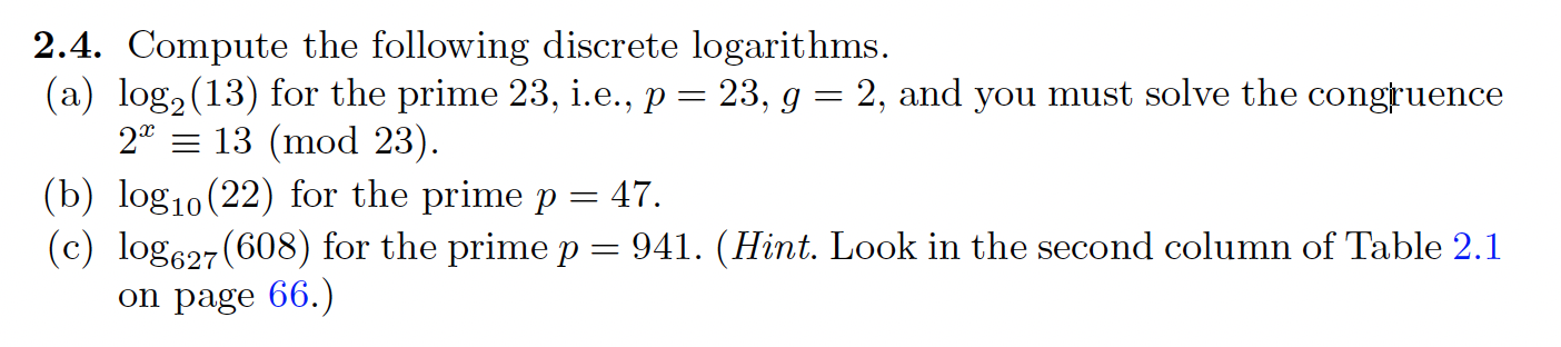 Solved 2.4. Compute the following discrete logarithms. (a) | Chegg.com