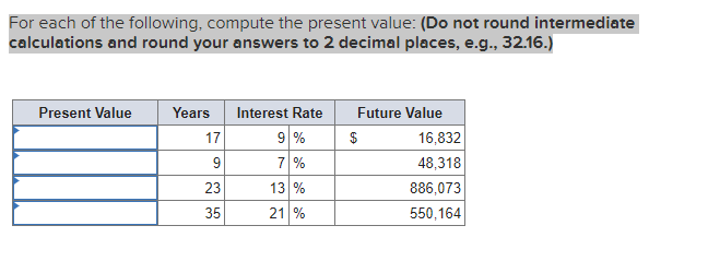 Solved For each of the following, compute the present value: | Chegg.com