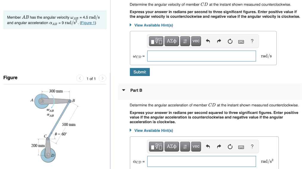 Solved Determine the angular velocity of member CD at the | Chegg.com