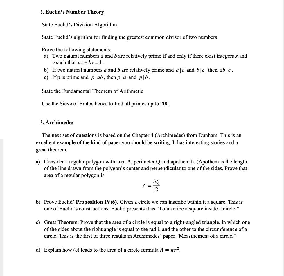 Solved 2. Euclid's Number Theory State Euclid's Division | Chegg.com