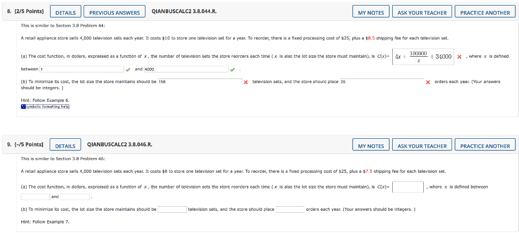 Solved 8. [2/5 Points] DETAILS PREVIOUS ANSWERS QIANBUSCALC2 | Chegg.com