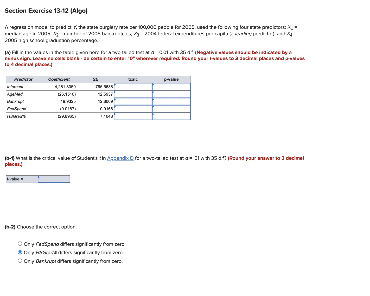 Solved Section Exercise 13-12 (Algo)A regression model to | Chegg.com