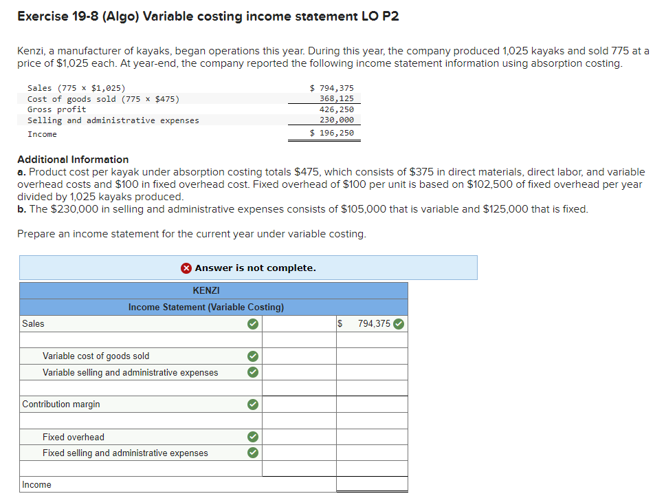 Solved Exercise 19-8 (Algo) Variable costing income | Chegg.com