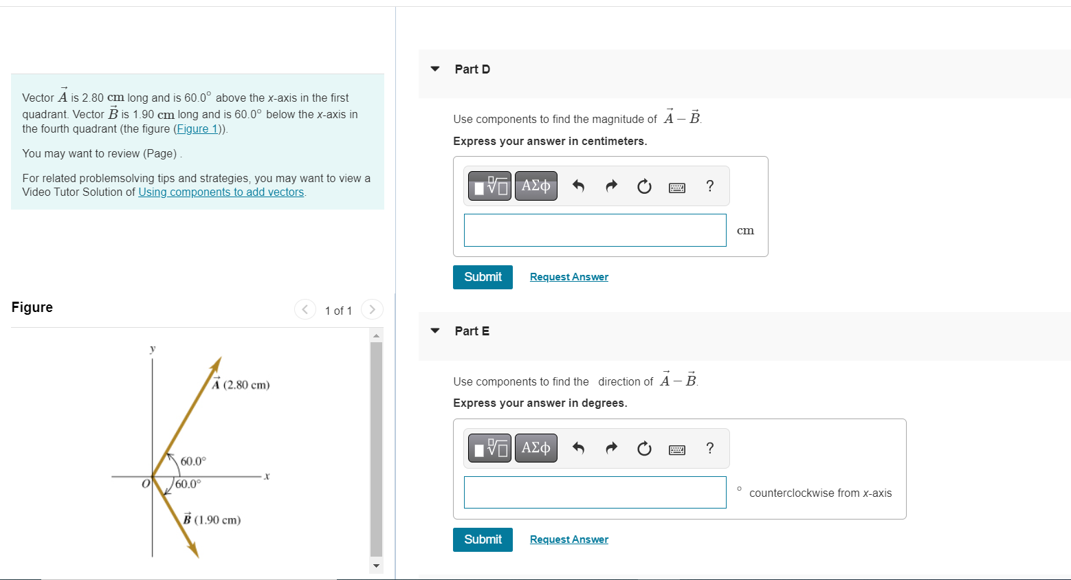 Solved Vector A is 2.80 cm long and is 60.0∘ above the | Chegg.com