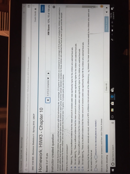 Solved DSC 3140 800-Business Statistics I1-Spring 2018- UNCP | Chegg.com