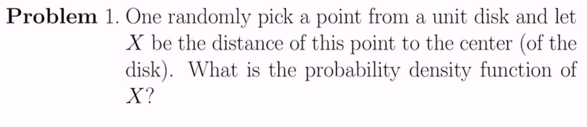 Solved Problem 1. One randomly pick a point from a unit disk | Chegg.com