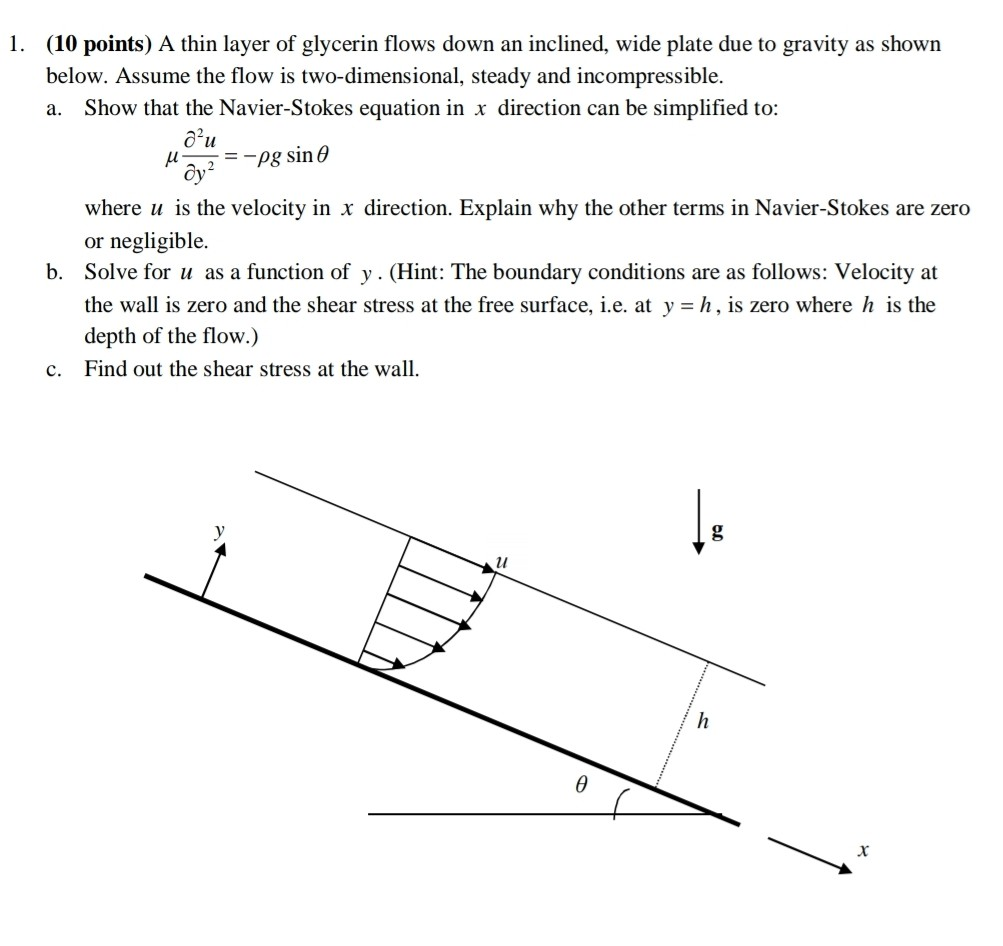 Solved 1. (10 points) A thin layer of glycerin flows down an | Chegg.com