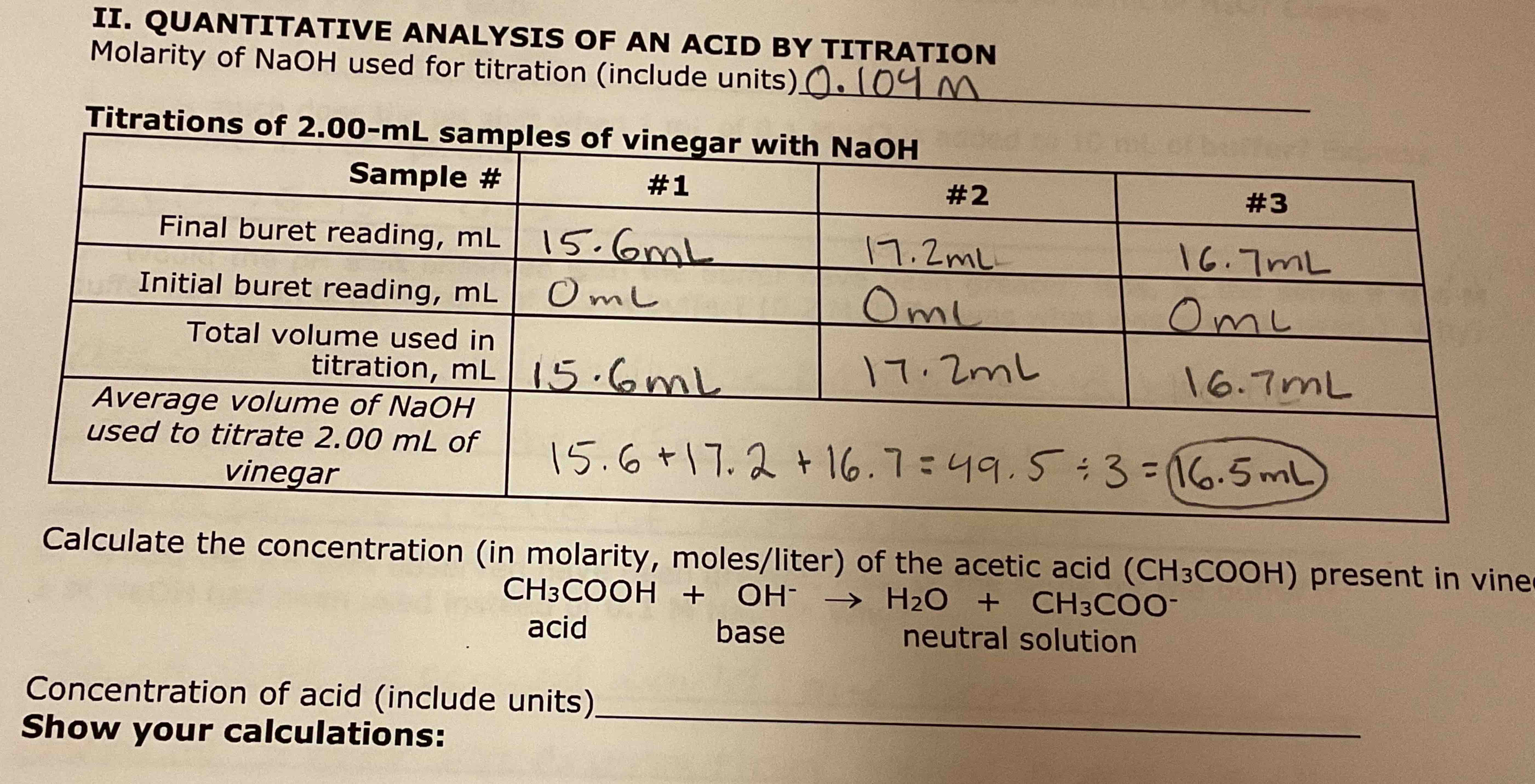 Solved II. ﻿QUANTITATIVE ANALYSIS OF AN ACID BY | Chegg.com