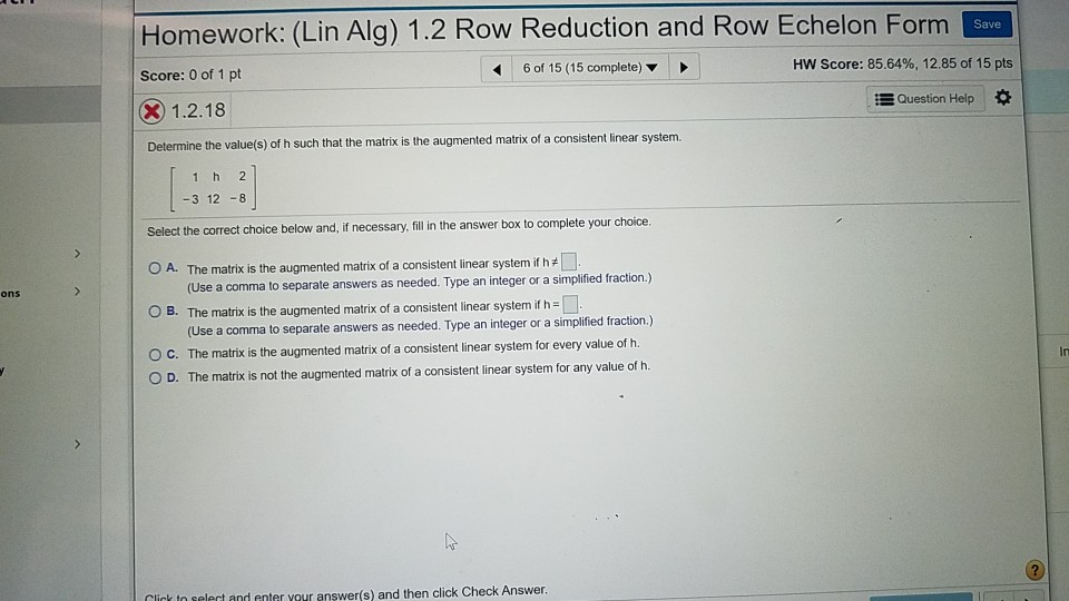 Solved Save Homework: (Lin Alg) 1.2 Row Reduction and Row | Chegg.com