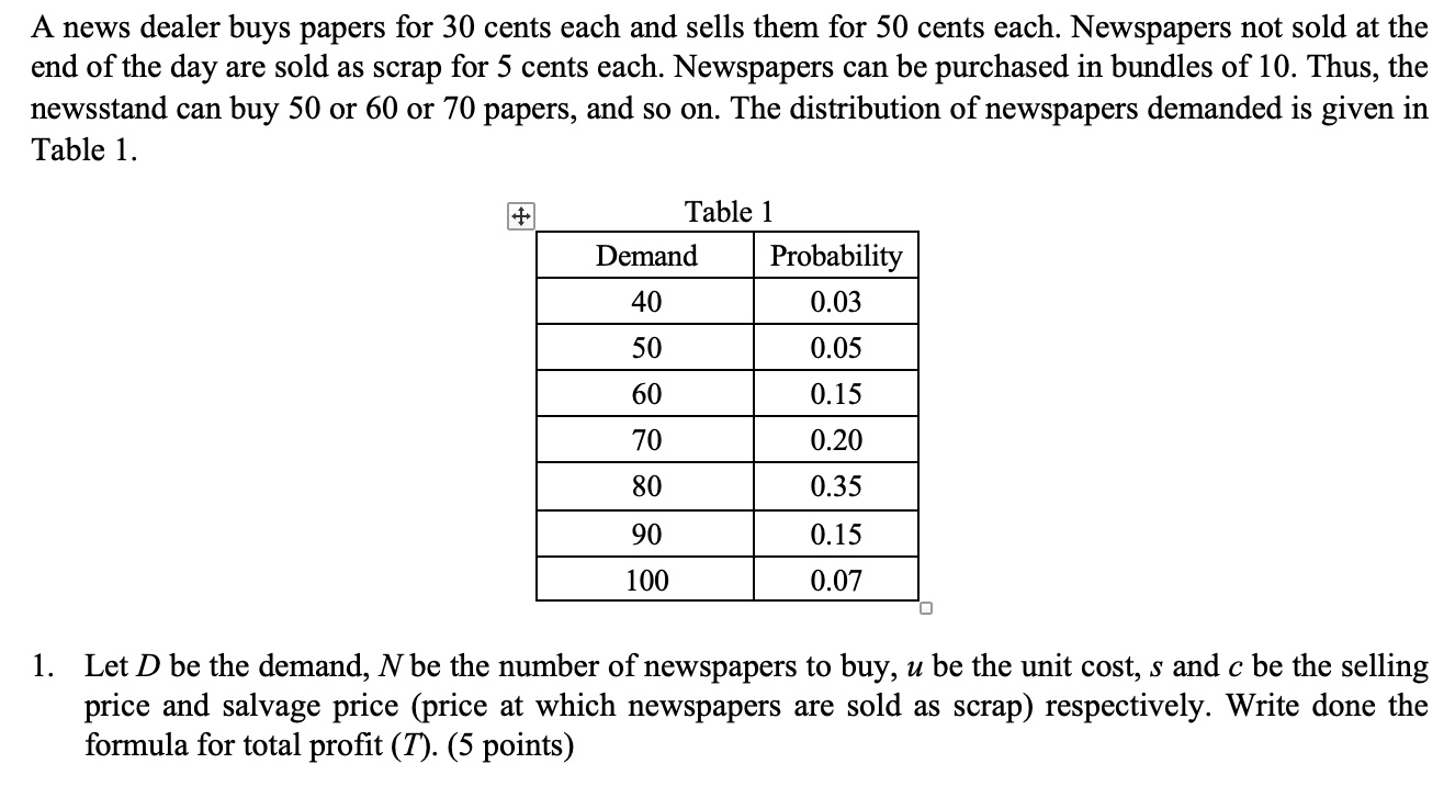 Solved A news dealer buys papers for 30 cents each and sells | Chegg.com