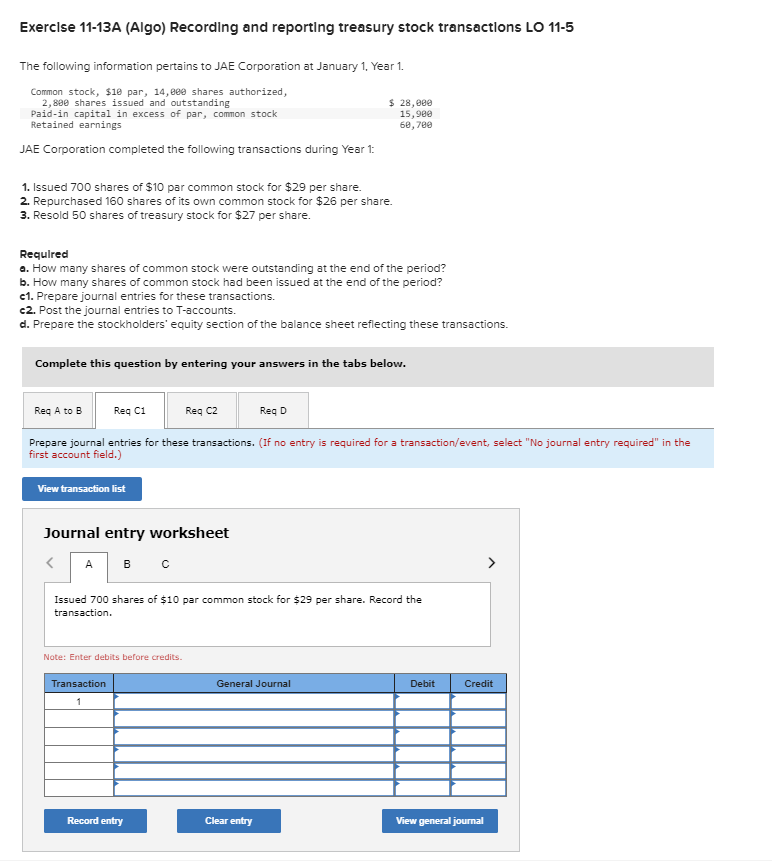 Exercise 11-13A (Algo) ﻿Recording and reporting | Chegg.com