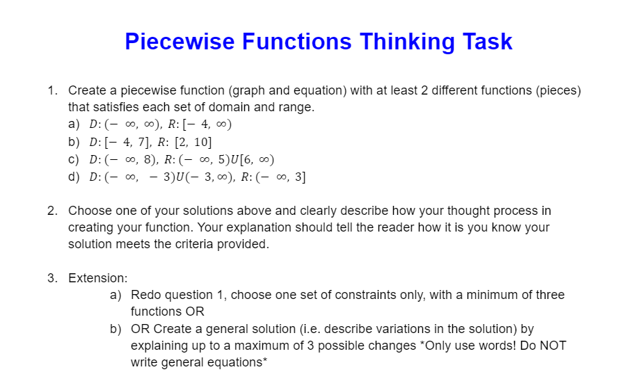 Solved Piecewise Functions Thinking Task 1. Create a | Chegg.com
