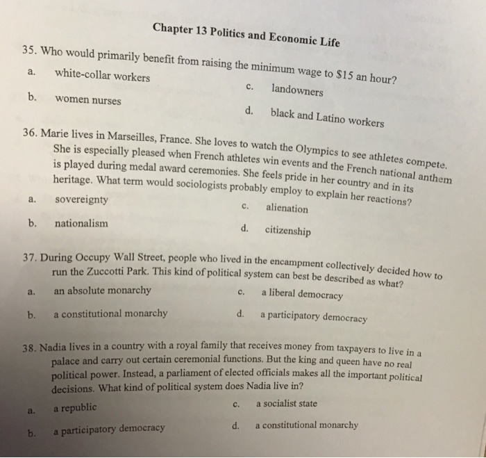 Solved Chapter 13 Politics and Economic Life 35. Who would | Chegg.com