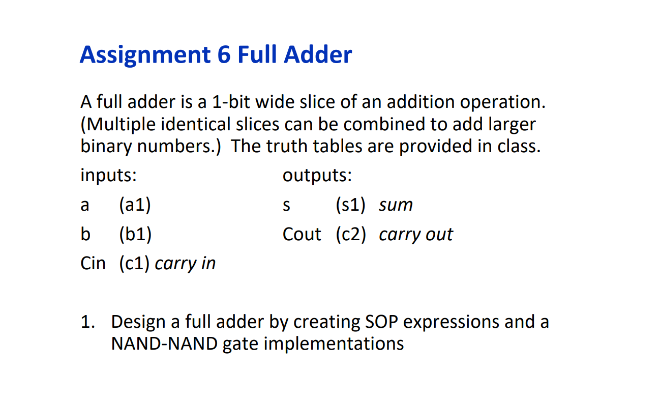 Solved Assignment 6 Full Adder A full adder is a 1-bit wide | Chegg.com