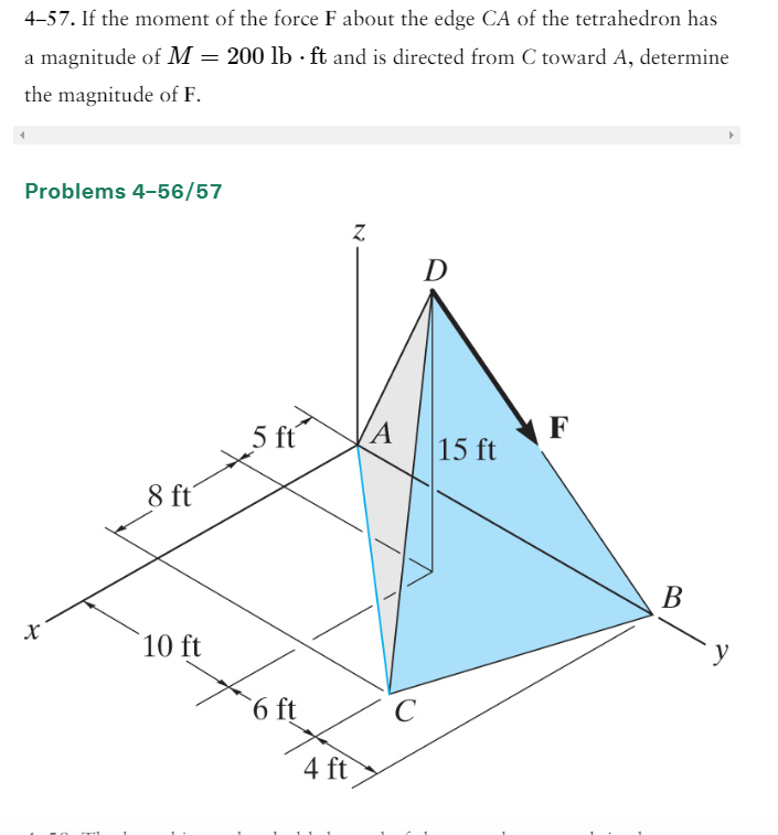 Solved 4-57. If the moment of the force F about the edge CA | Chegg.com
